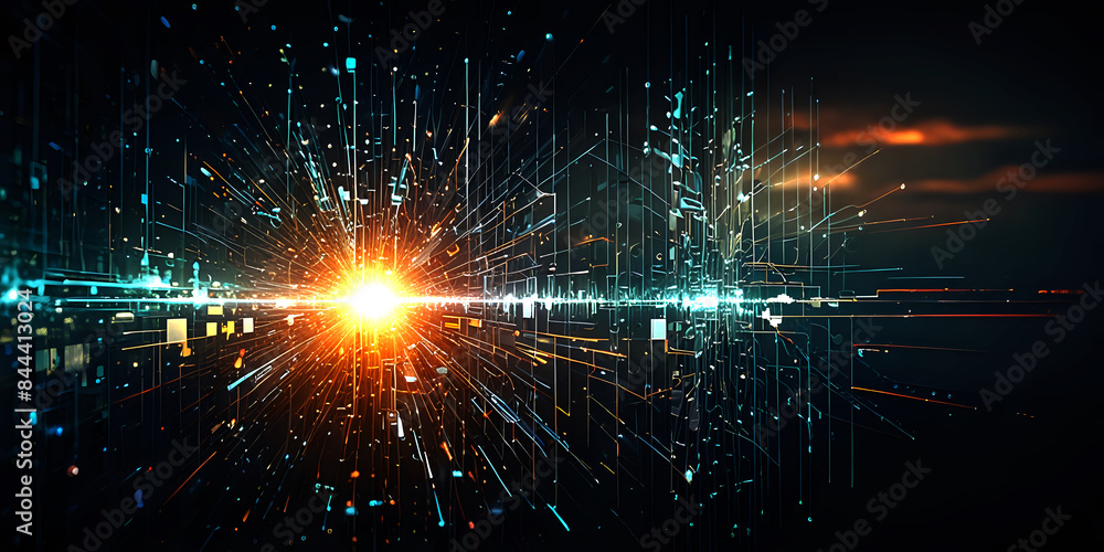 Abstract digital art with a glowing matrix effect technology background ...