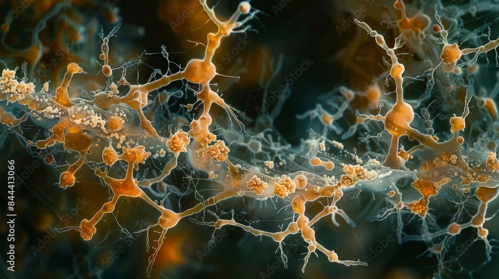 Magnified image of a fungi colony showing the fungal hyphae extending ...