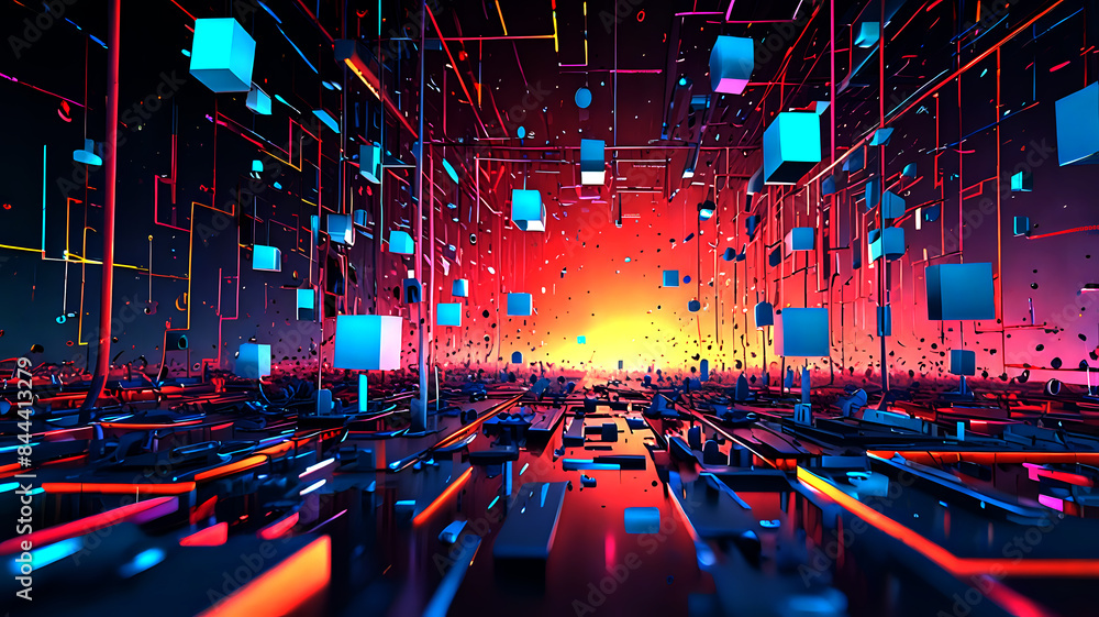 Abstract digital art with a glowing matrix effect technology background ...