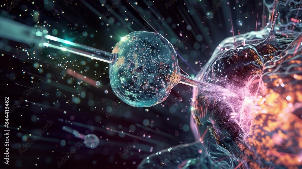 Highly magnified image of a microinjector needle delivering a ...