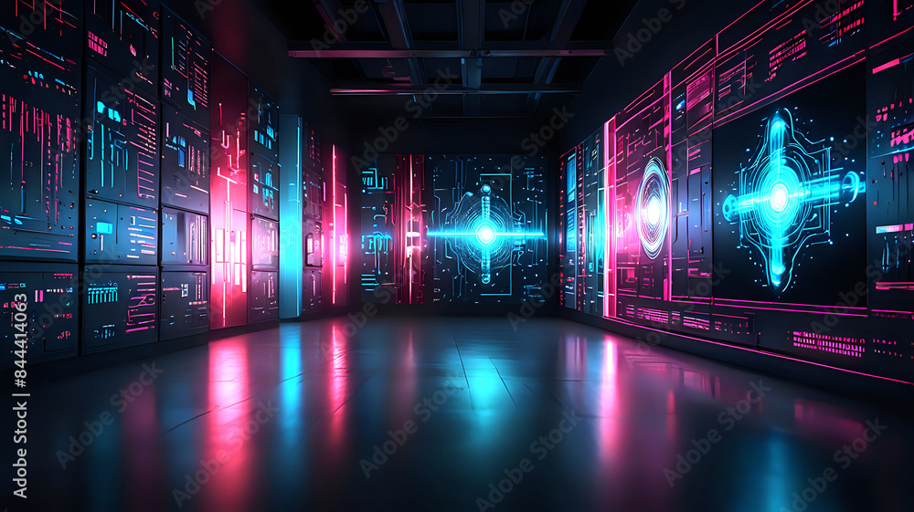 Abstract digital art with a glowing matrix effect technology background ...