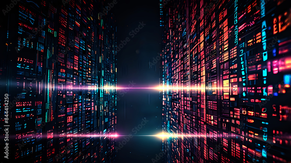 Abstract digital art with a glowing matrix effect technology background ...