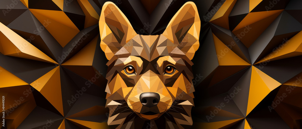 A dog with a triangular face is shown in a black and gold background ...