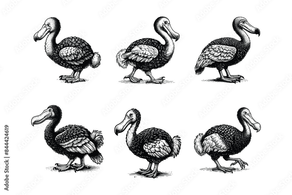 set of dodo bird illustration. hand drawn black and white dodo extinct ...