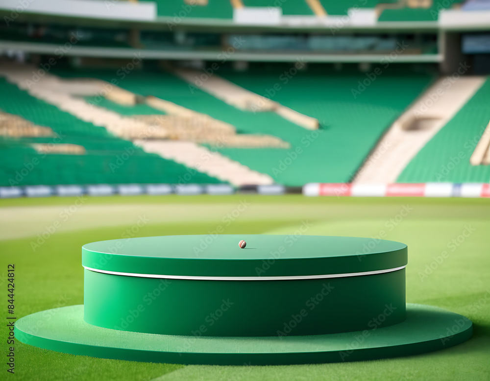 Empty soccer or cricket or football stadium with a green presentation ...