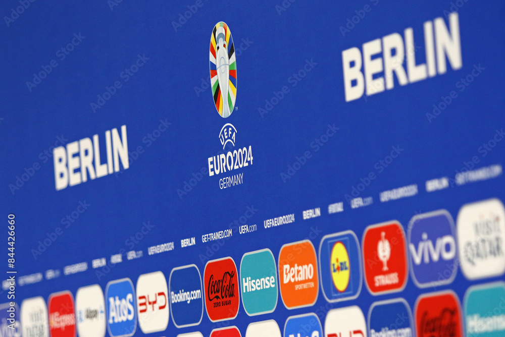 Berlin, Germany - June 7, 2024: UEFA EURO 2024 logo on the decoration ...