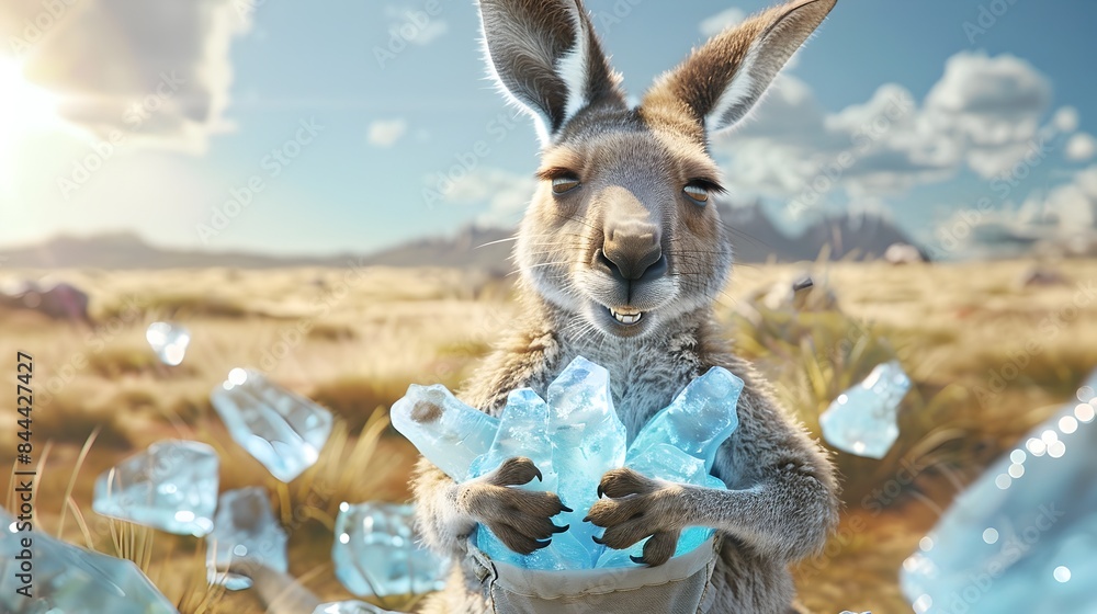 Cheerful Kangaroo Cooling Off with Ice Cubes,Symbolic Representation of ...