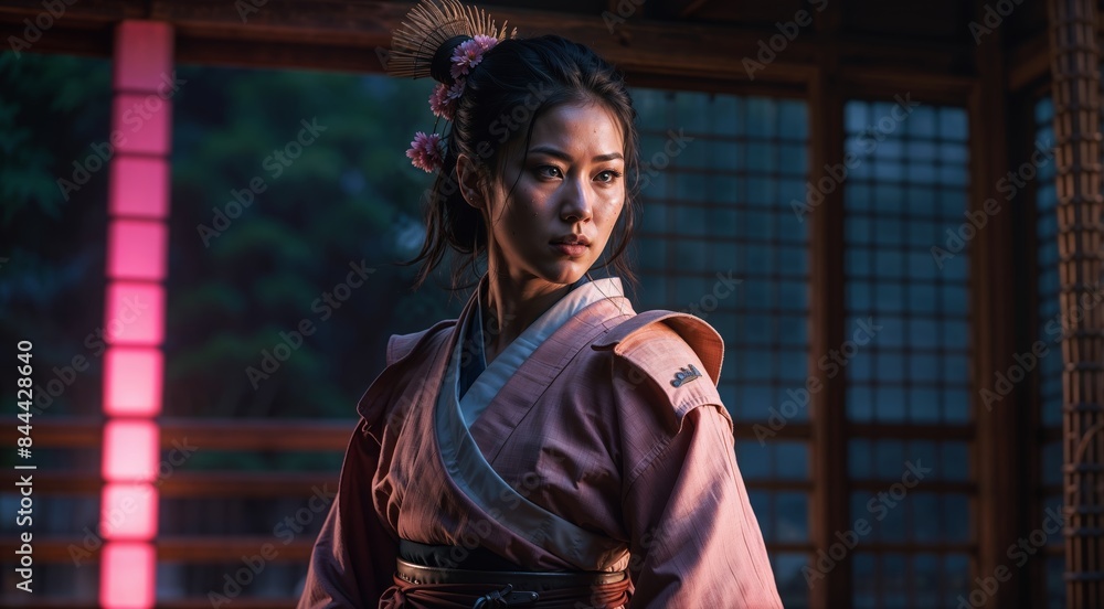 Japanese kendo fighter poses in a traditional kimono within the serene ...