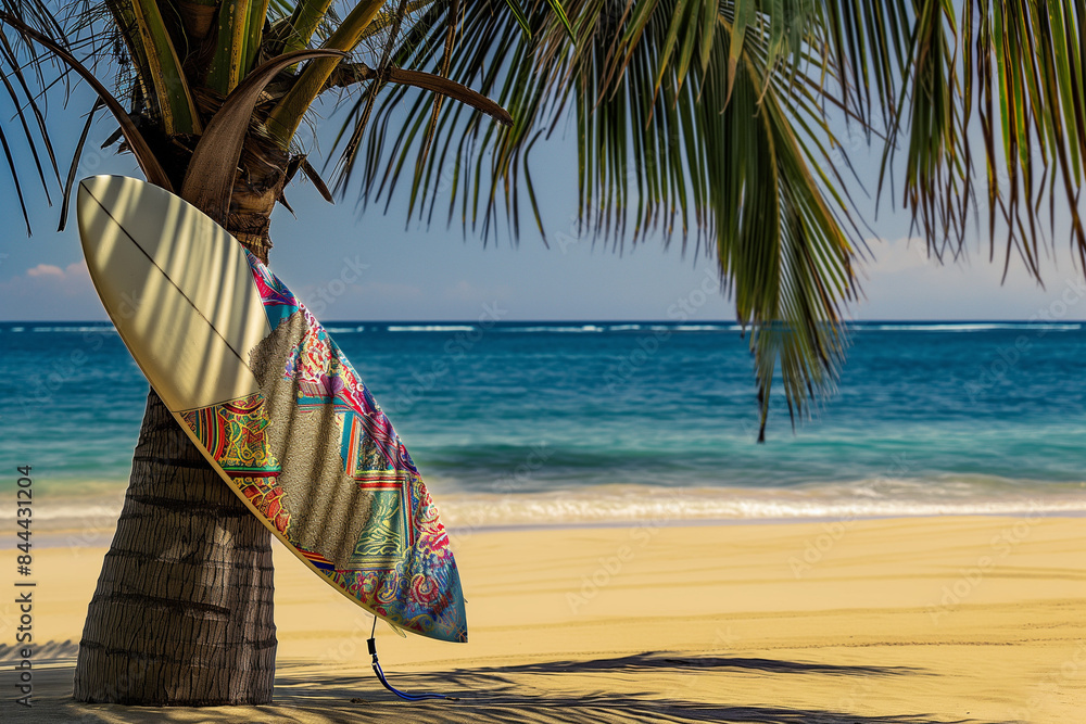 beach with palm trees, surfboard leaning against a palm tree on a ...