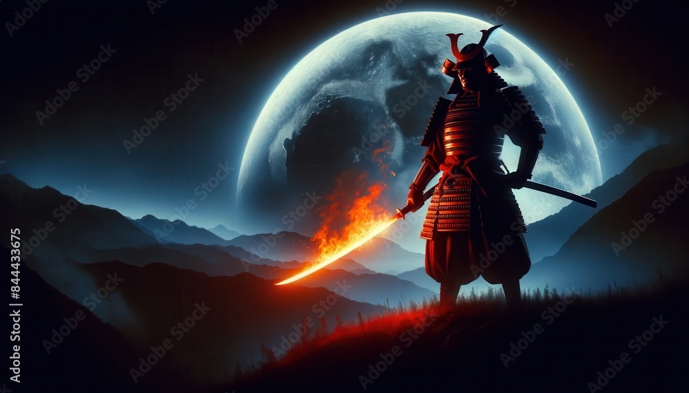 Silhouetted samurai in traditional armor wielding a flaming sword ...