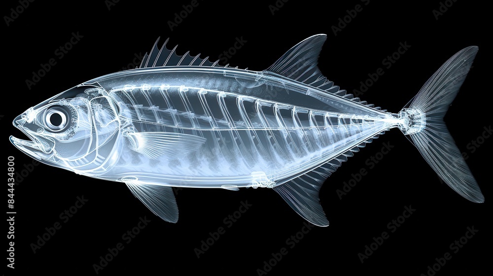 X-ray image of a fish skeleton, showing detailed bone structure against ...