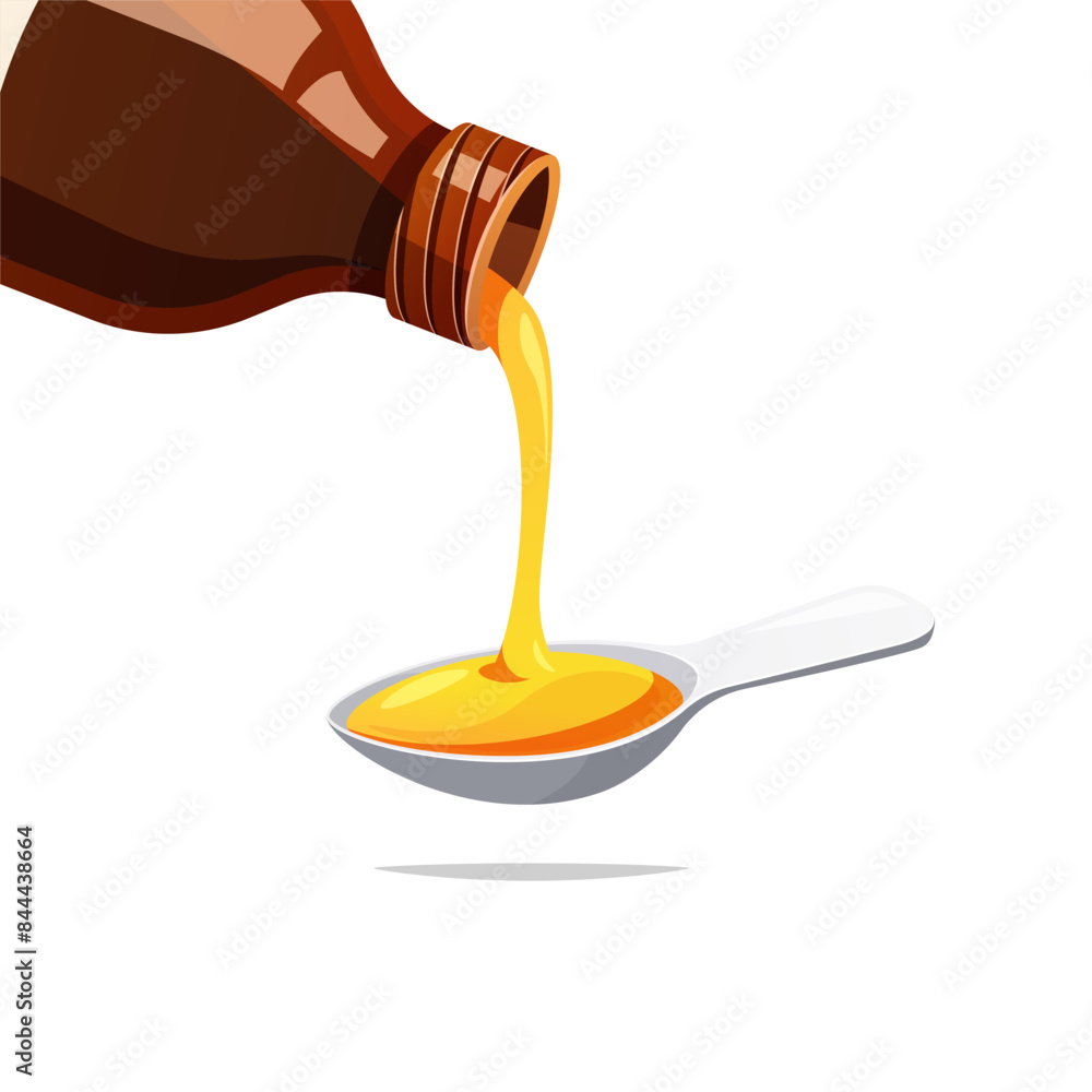 Bottle pouring medicinal syrup into medicine spoon vector isolated on ...