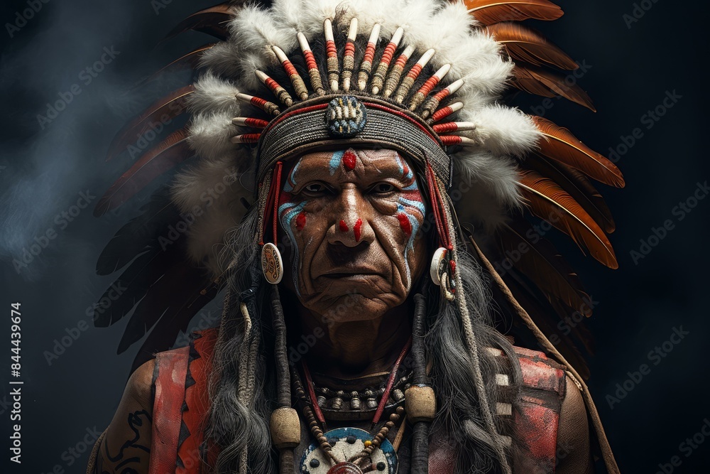 Stoic indigenous leader adorned with a feathered headdress and tribal ...