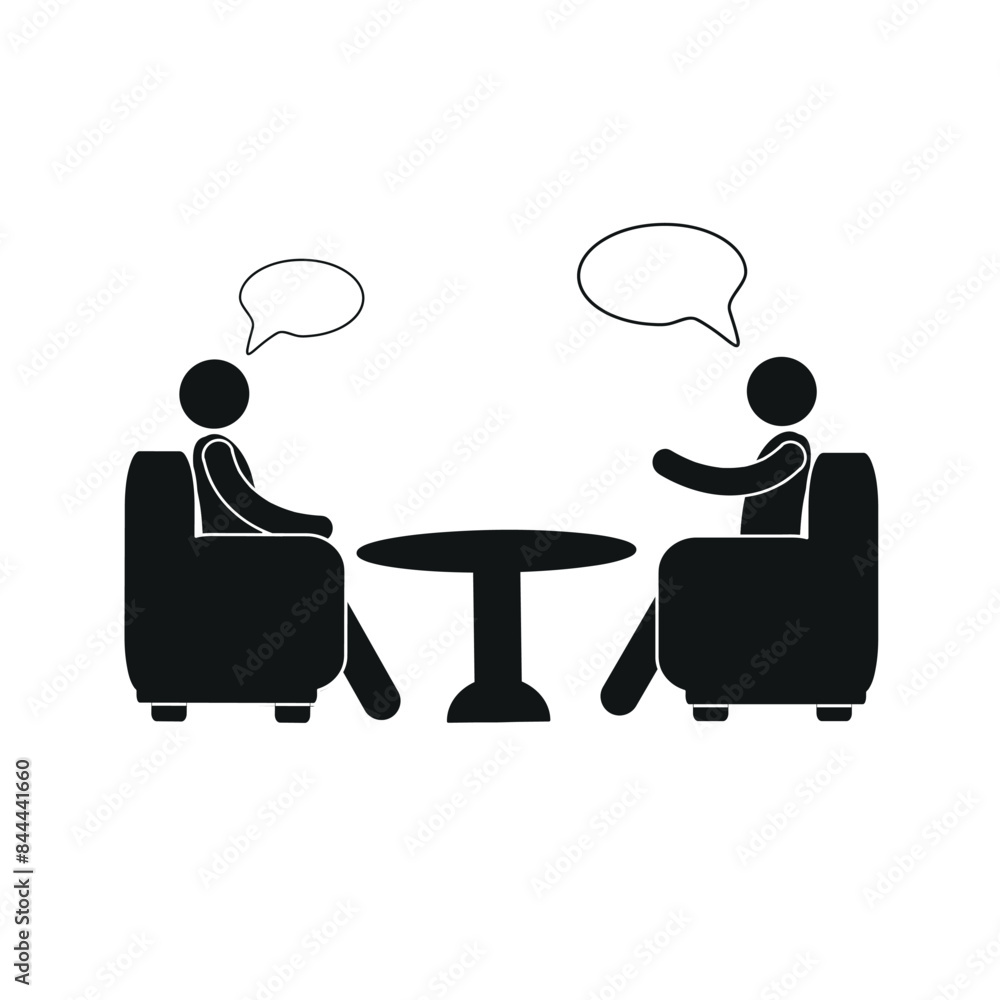 two people sitting on chairs at a round table, talking, negotiations ...