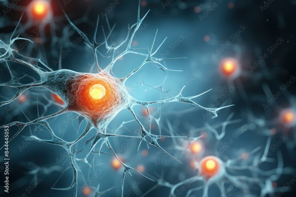 Detailed 3d render illustration of neuron activity in the human brain ...