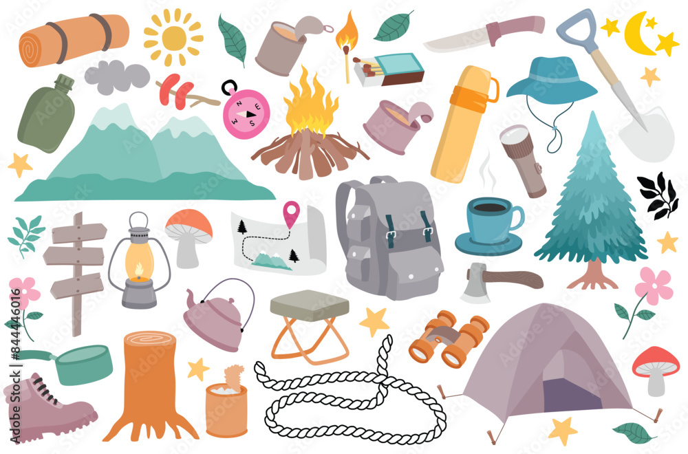 vector summer camp set. Cute camping clipart on white background. Stock ...