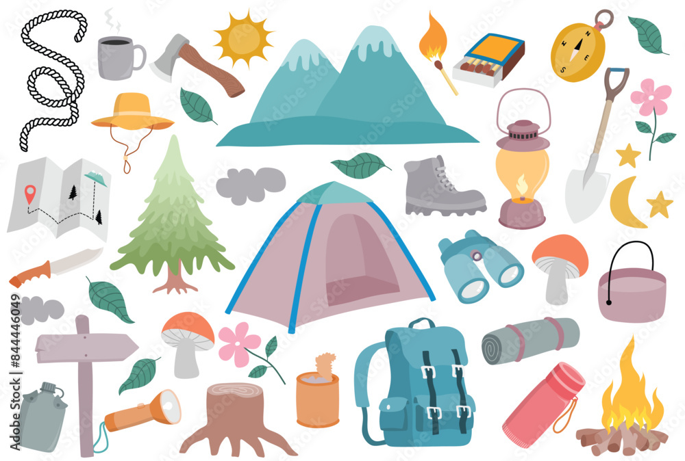 vector summer camp set. Cute camping clipart on white background. Stock ...
