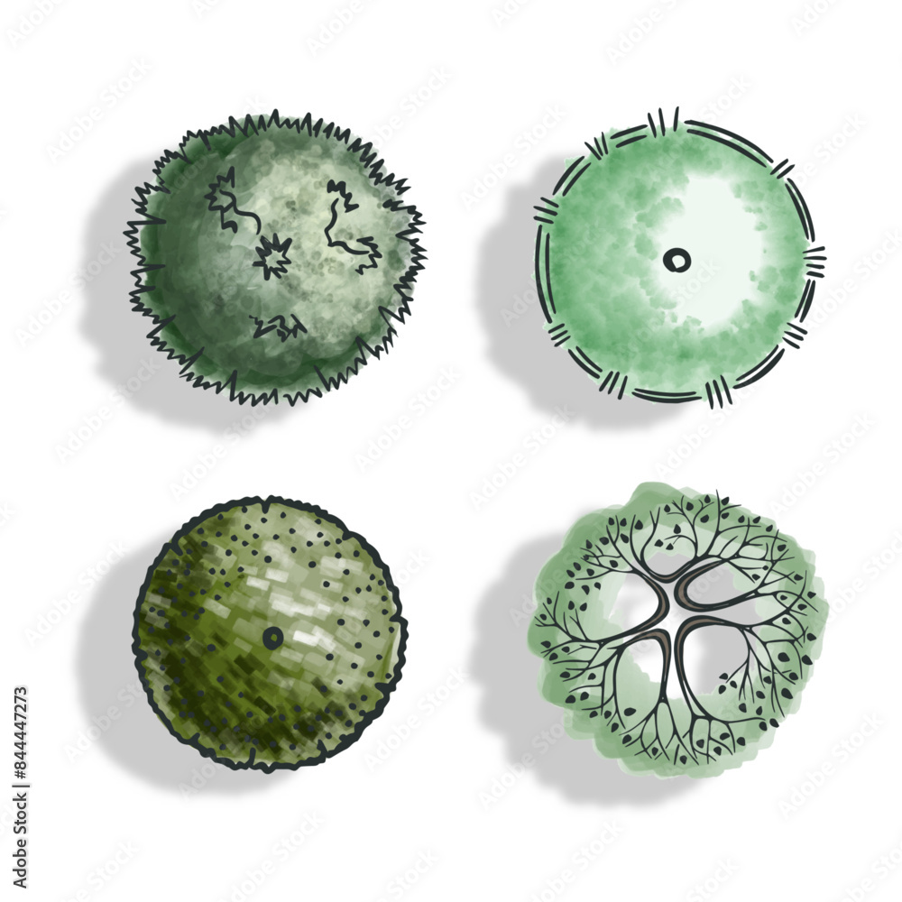 Set trees top view in color. Pictograms for general plans landscape ...