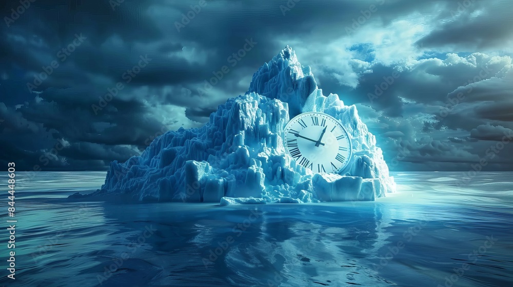 A melting iceberg in a clock shows global warming. Rivers and lakes are ...