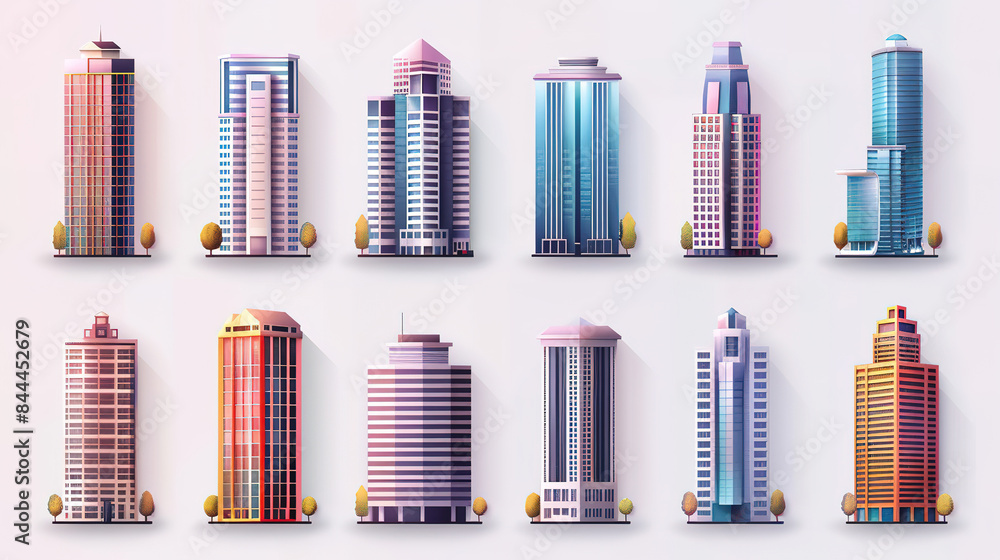 Eye Catching Different styles of modern buildings isolated on white ...