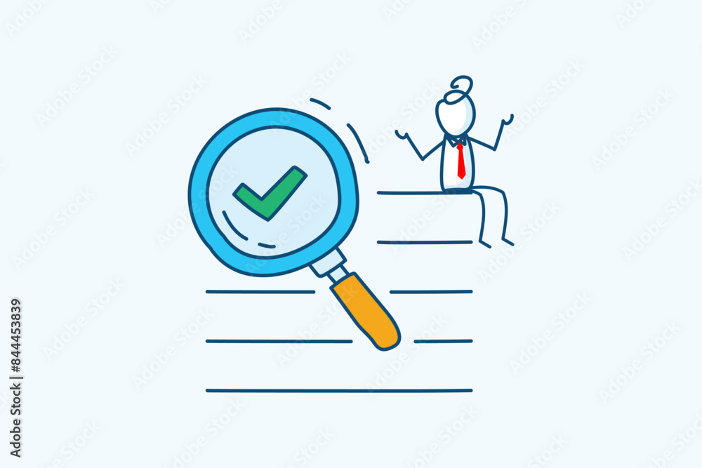 businessman stick figure character with magnifying glass green tick ...