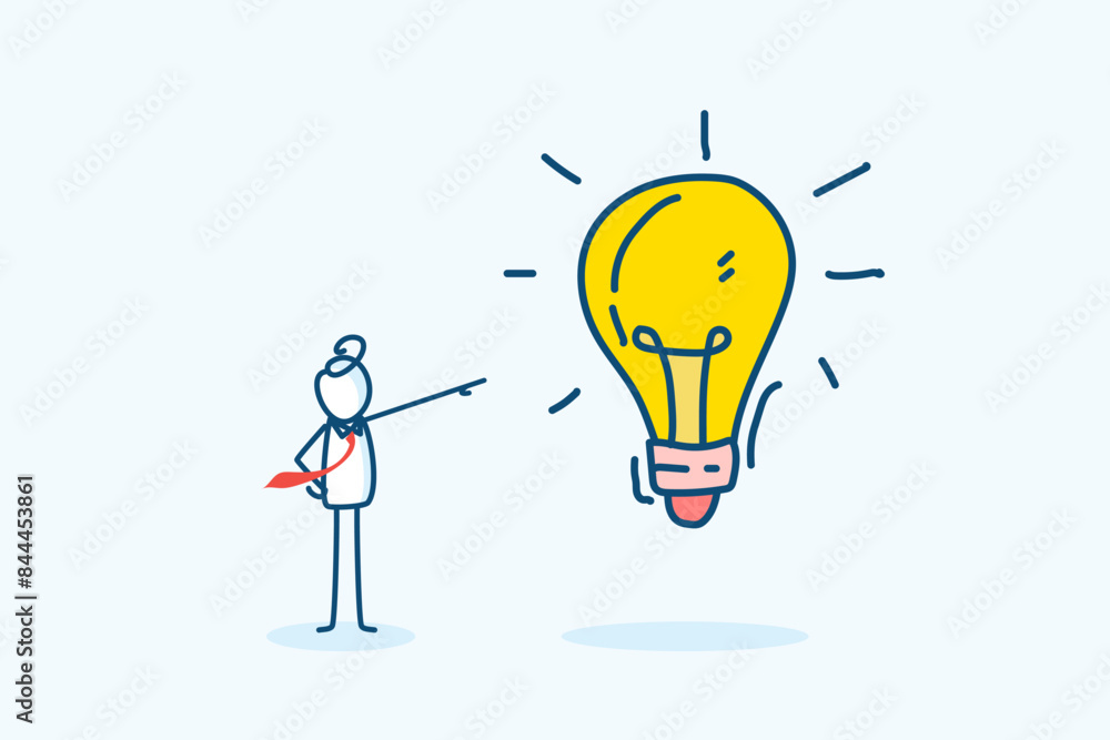 businessman stick figure character with red tie points at a large ...