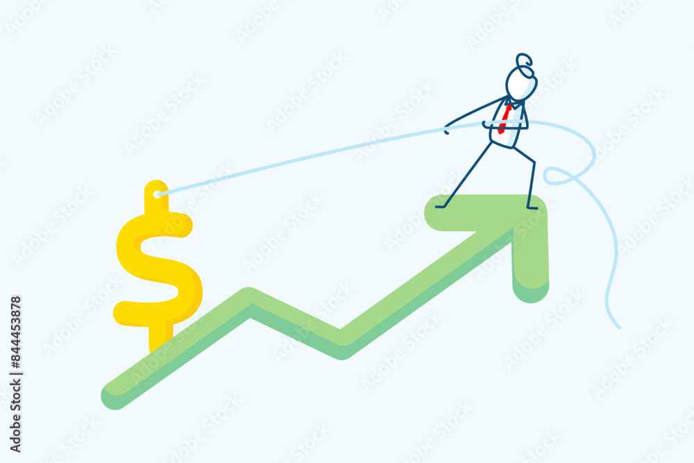 businessman stick figure character pulling a dollar sign in arrow is ...