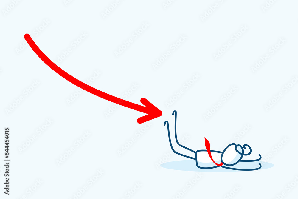 businessman stick figure character run away from falling down arrow ...