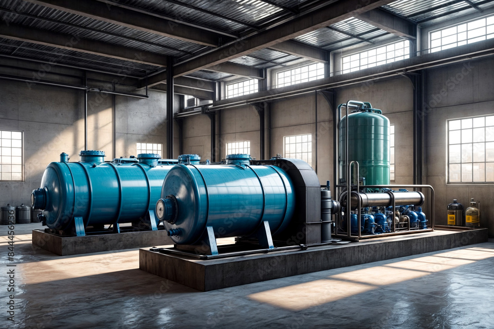 Water pump station and pipeline with tanks in an industrial room to ...