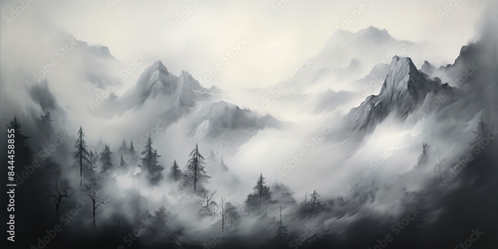 charcoal pencil drawing paint sketch of mountains cowered in mist with ...
