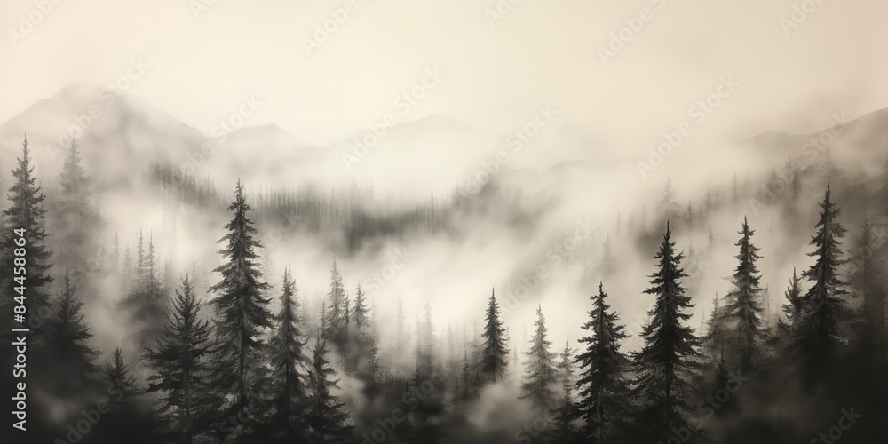 charcoal pencil drawing paint sketch of mountains cowered in mist with ...