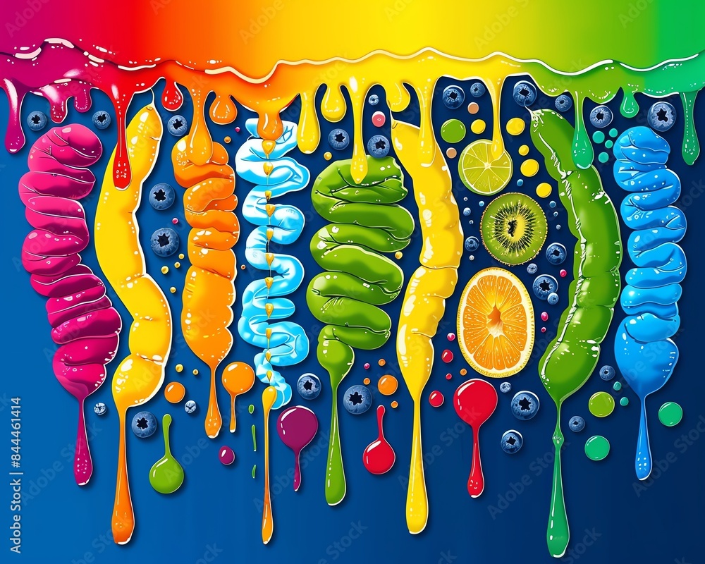 Vibrant drawing of a day s menu for intestinal detox, with intestine ...