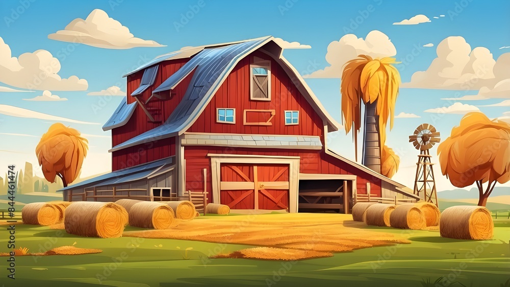 Cartoon barn design with a farm motif that includes hay mounds and ...