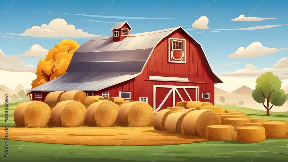 Cartoon barn design with a farm motif that includes hay mounds and ...