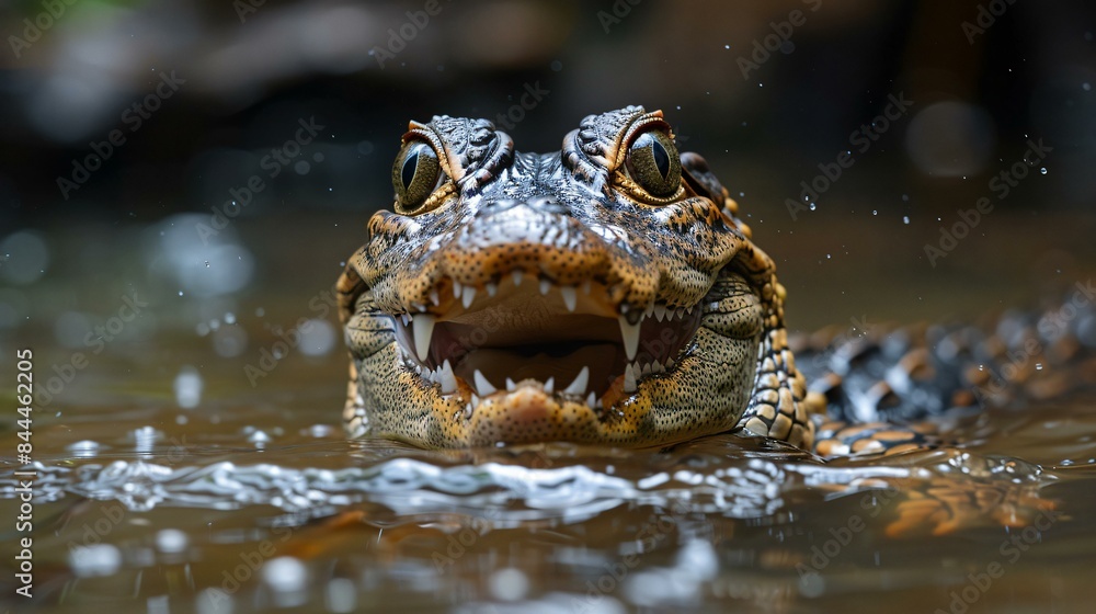 A close-up of a crocodile with its mouth open, showing its teeth and ...
