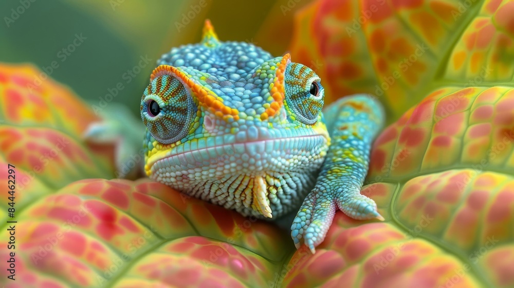 A blue and yellow lizard with a long tongue is sitting on a leaf. The ...