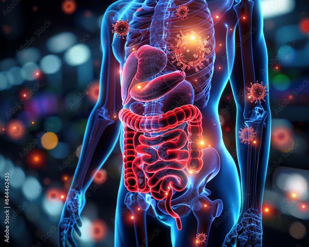 Illustration of the detox process in the large intestine with vibrant ...