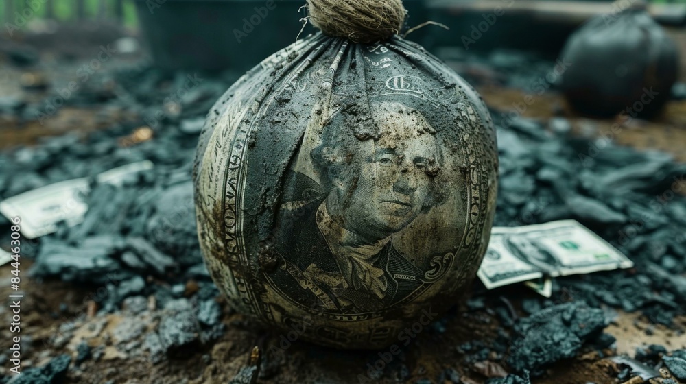 A rotten money bag with a picture of George Washington on it. The bag ...