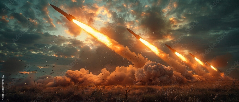 Military rocket launchers firing missiles, intense smoke and fire ...