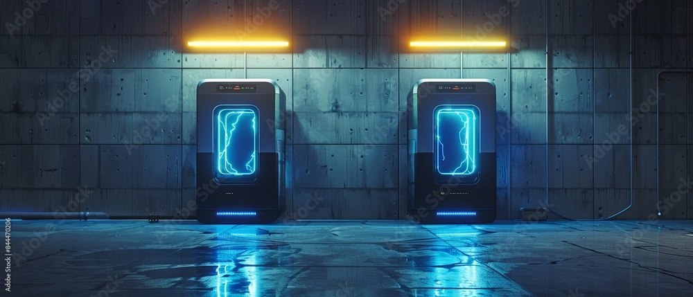 Pair of futuristic energy storage units with illuminated blue lightning ...