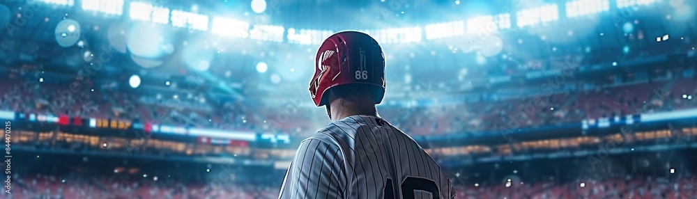 Player in baseball uniform facing the stadium, bright lights, dramatic scene, high detail, ready ...