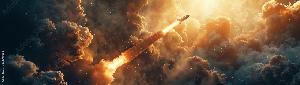 Rocket launchers in action, missiles soaring, fiery launch, dense smoke ...