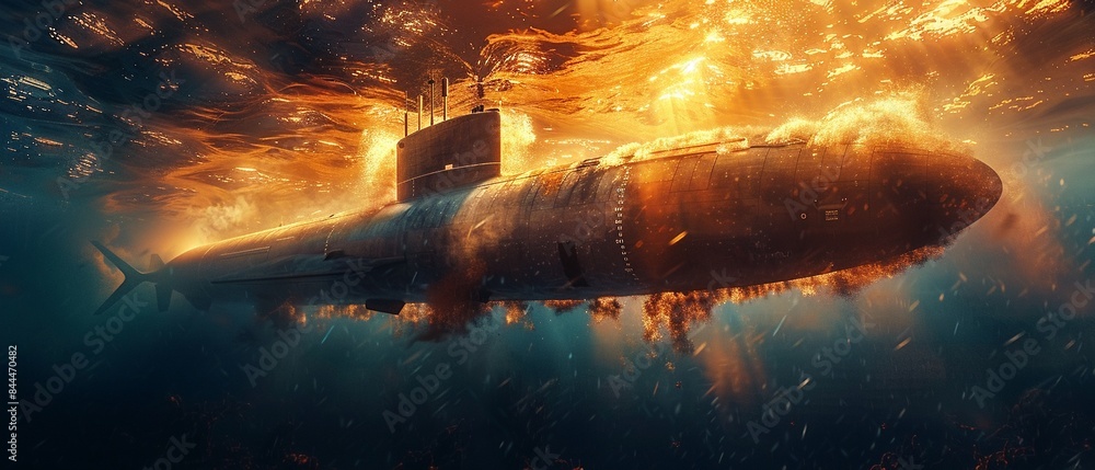 Submarine surfacing with dramatic splash, sunlight breaking through ...
