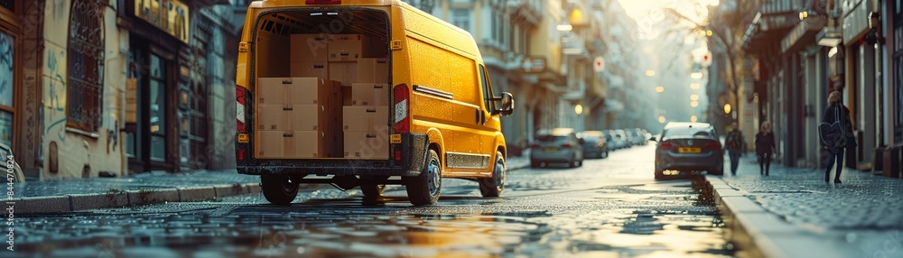 Yellow delivery van with open back, packed with boxes, urban street ...
