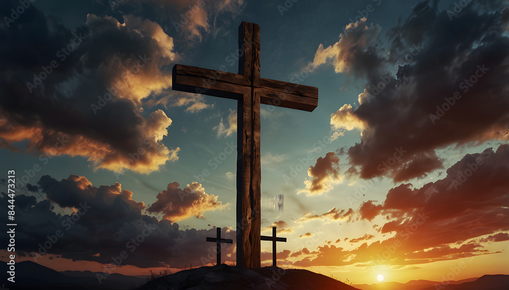 An Easter-themed image features a cross silhouetted against a vibrant ...