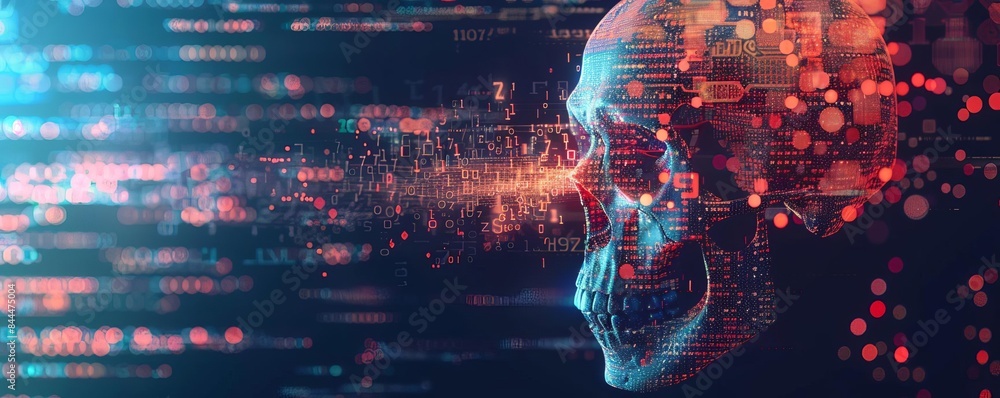 Binary code malfunction exposing skull graphic, side view, portraying system vulnerability ...
