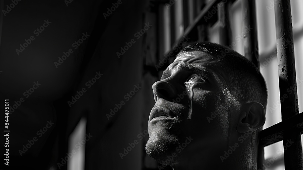 Black and white photo of a man looking up with a distressed expression ...