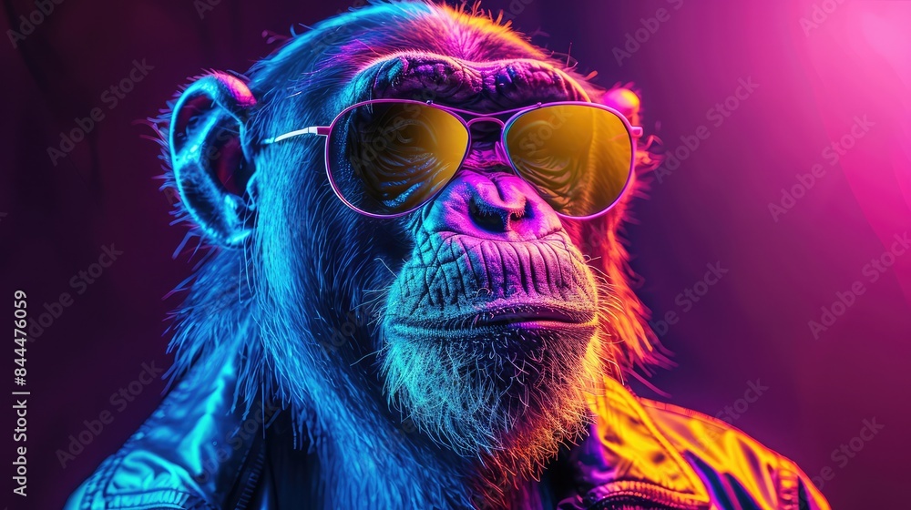 ภาพประกอบสต็อก cyberpunk Chimpanzee with sunglasses, dressed in neon ...