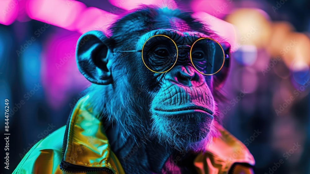 cyberpunk Chimpanzee with sunglasses, dressed in neon color clothes ...