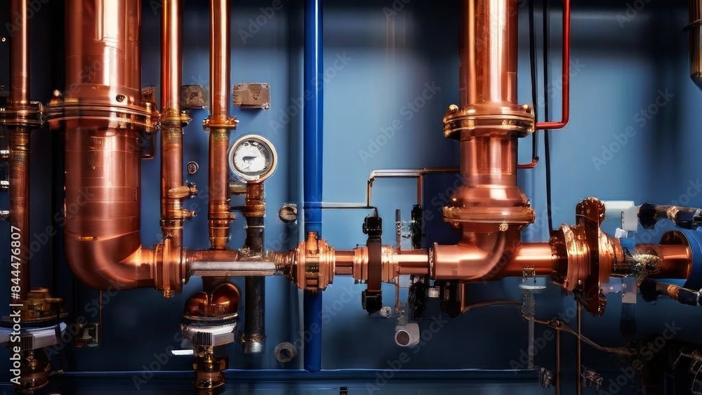 a complex combination of copper pipes, valves and gauges. The various ...